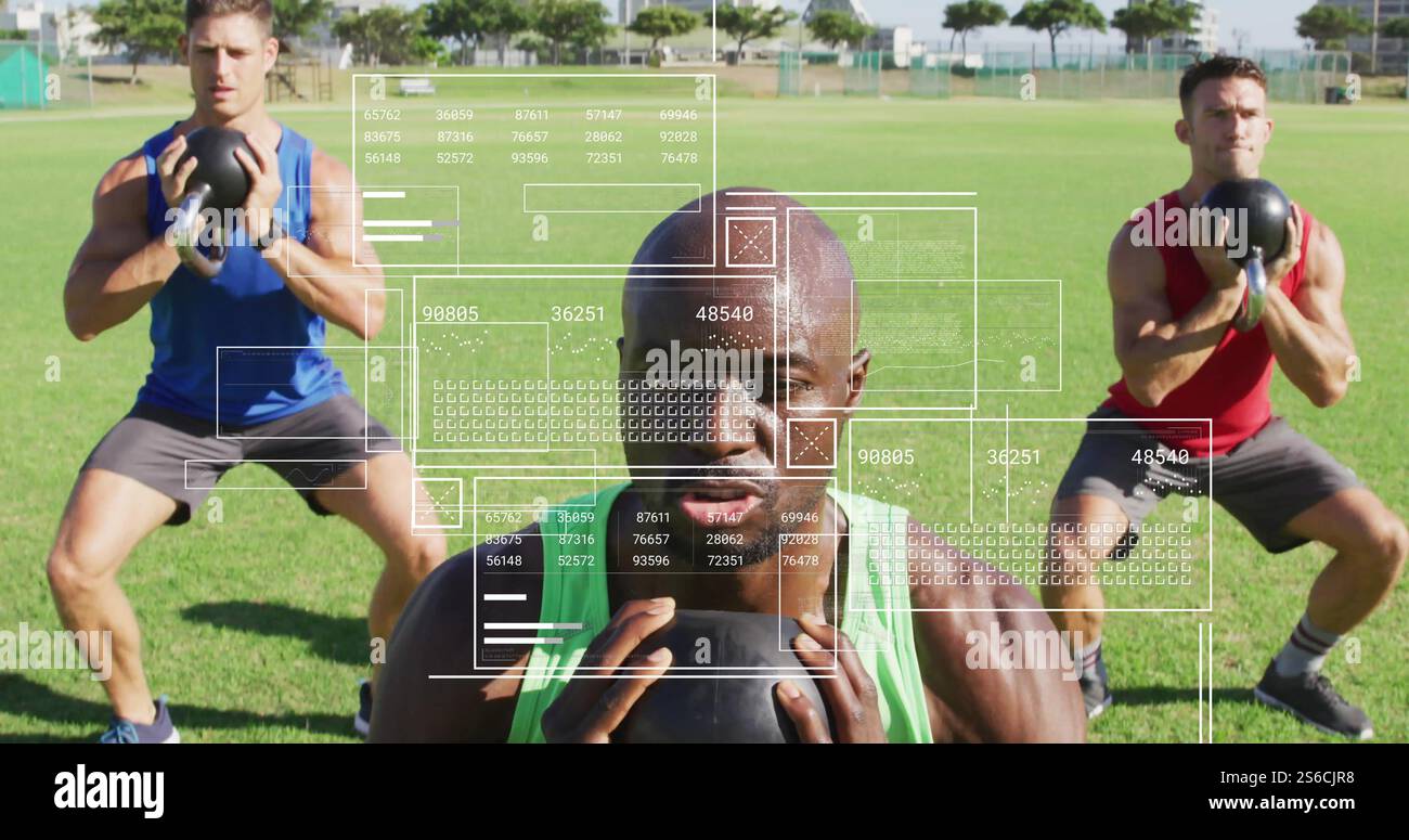 Image of data processing and diagrams over diverse men exercising at ...