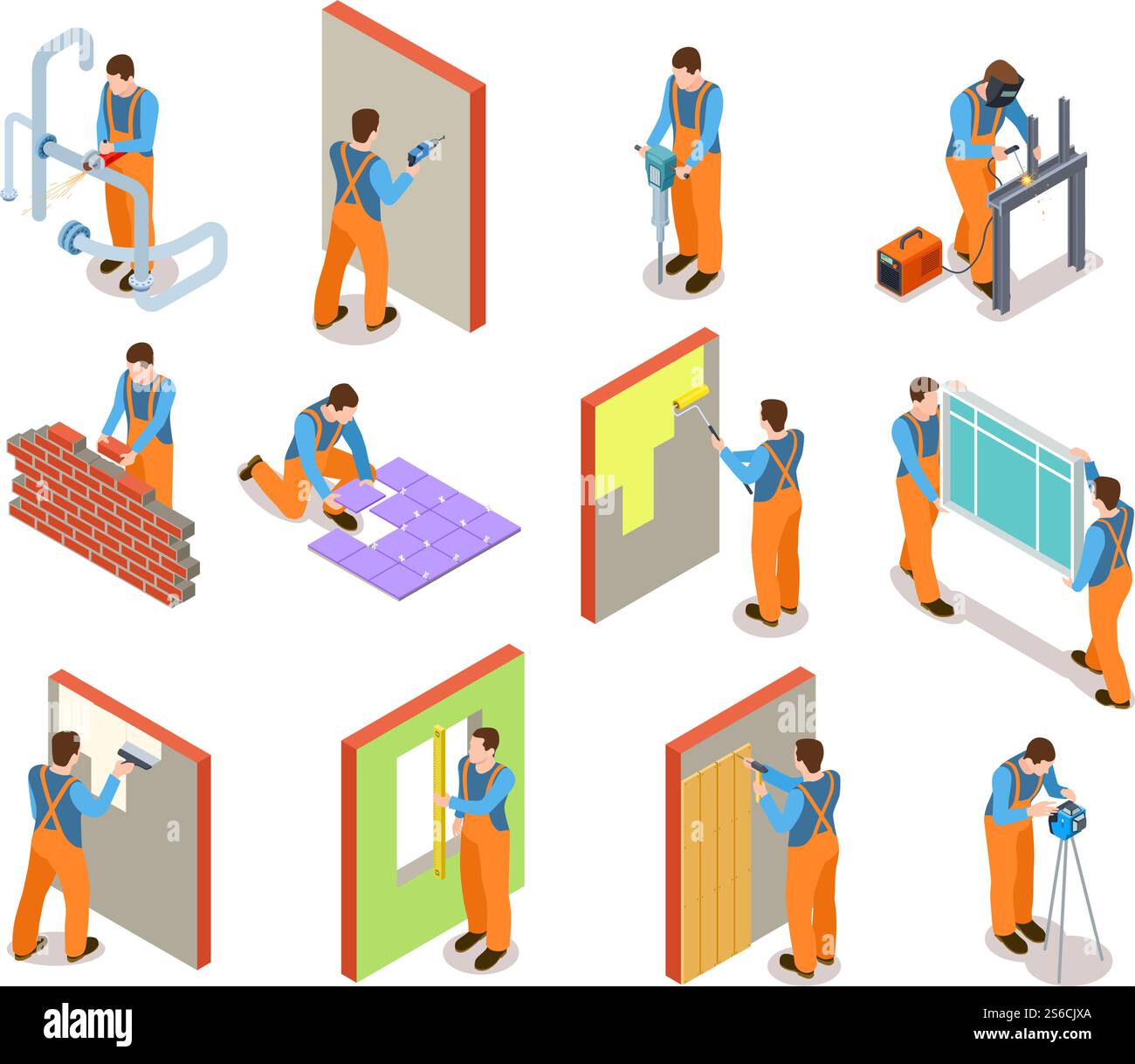 Isometric construction workers. Builder doing various works with ...