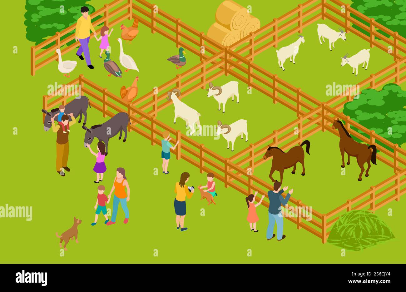 Farm animals zoo. Isometric vector livestock and people characters ...