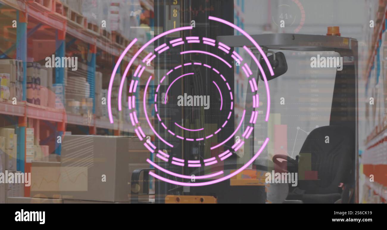Image of scope and data processing over warehouse Stock Photo - Alamy