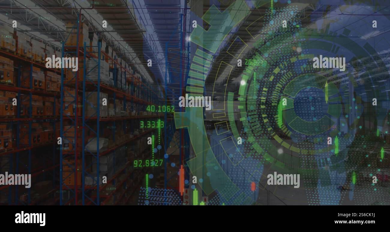 Image of scope and data processing over warehouse Stock Photo - Alamy