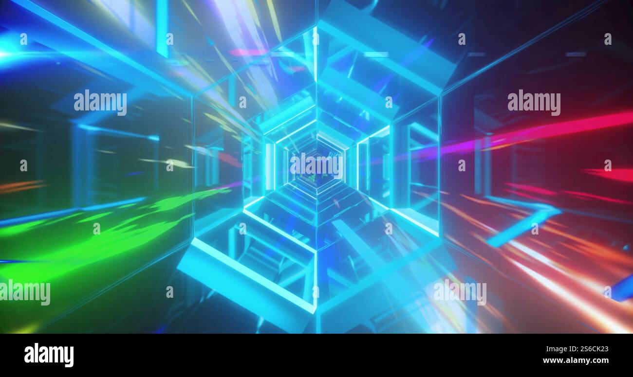 Image of blue neon tunnel structure over brightly coloured moving ...