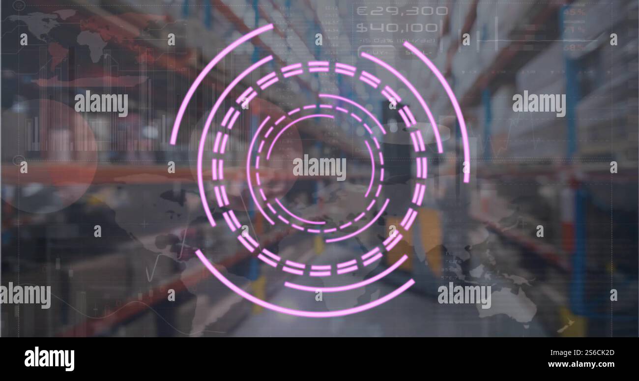 Image of scope and data processing over warehouse Stock Photo - Alamy