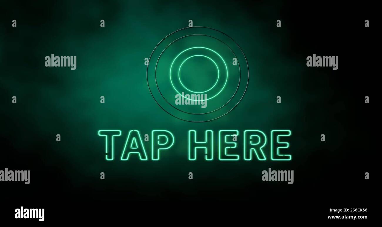 Image of neon tap here text and glowing circles of light moving on ...