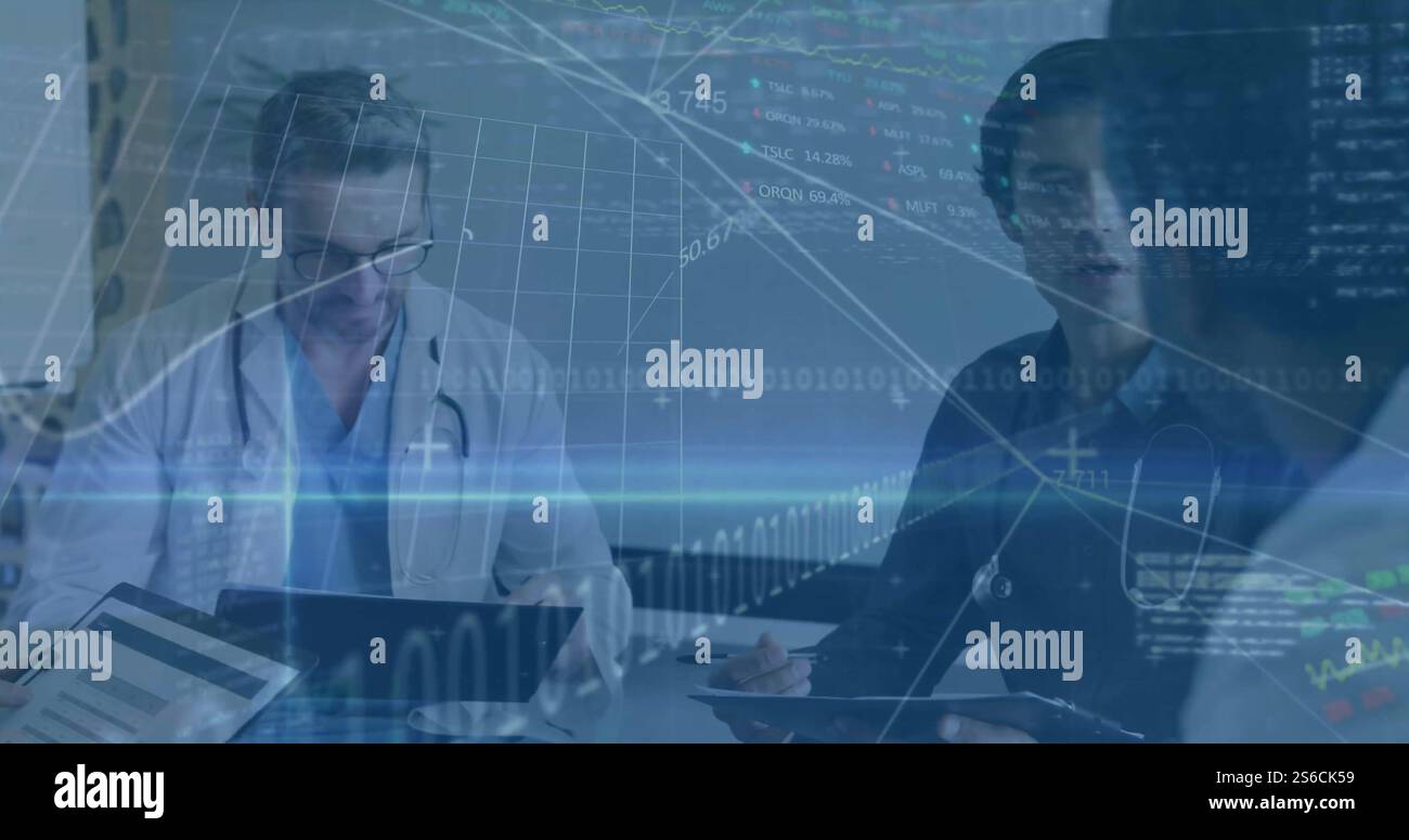 Image of data processing and diagrams over diverse male doctors talking ...
