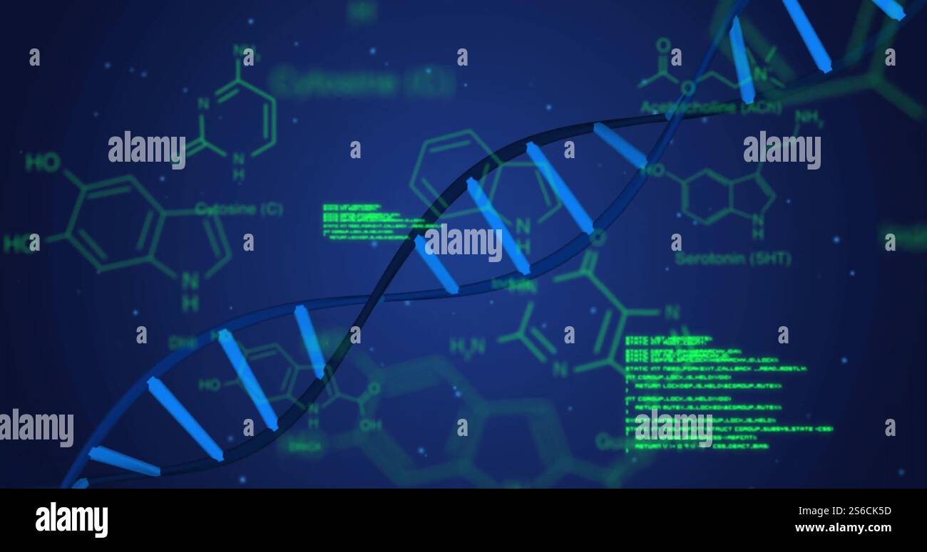 Image of data processing and chemical formula over dna strand Stock ...