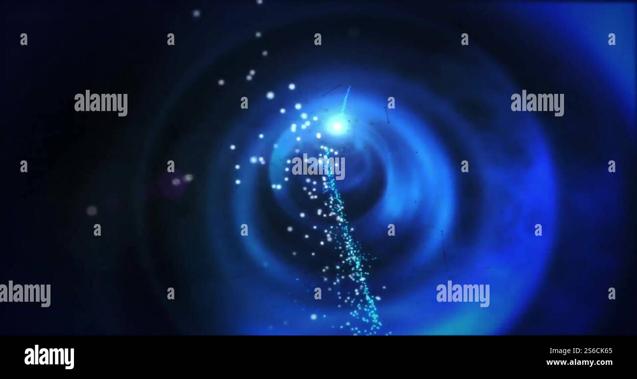 Image of glowing spots and trails of light moving on black background ...