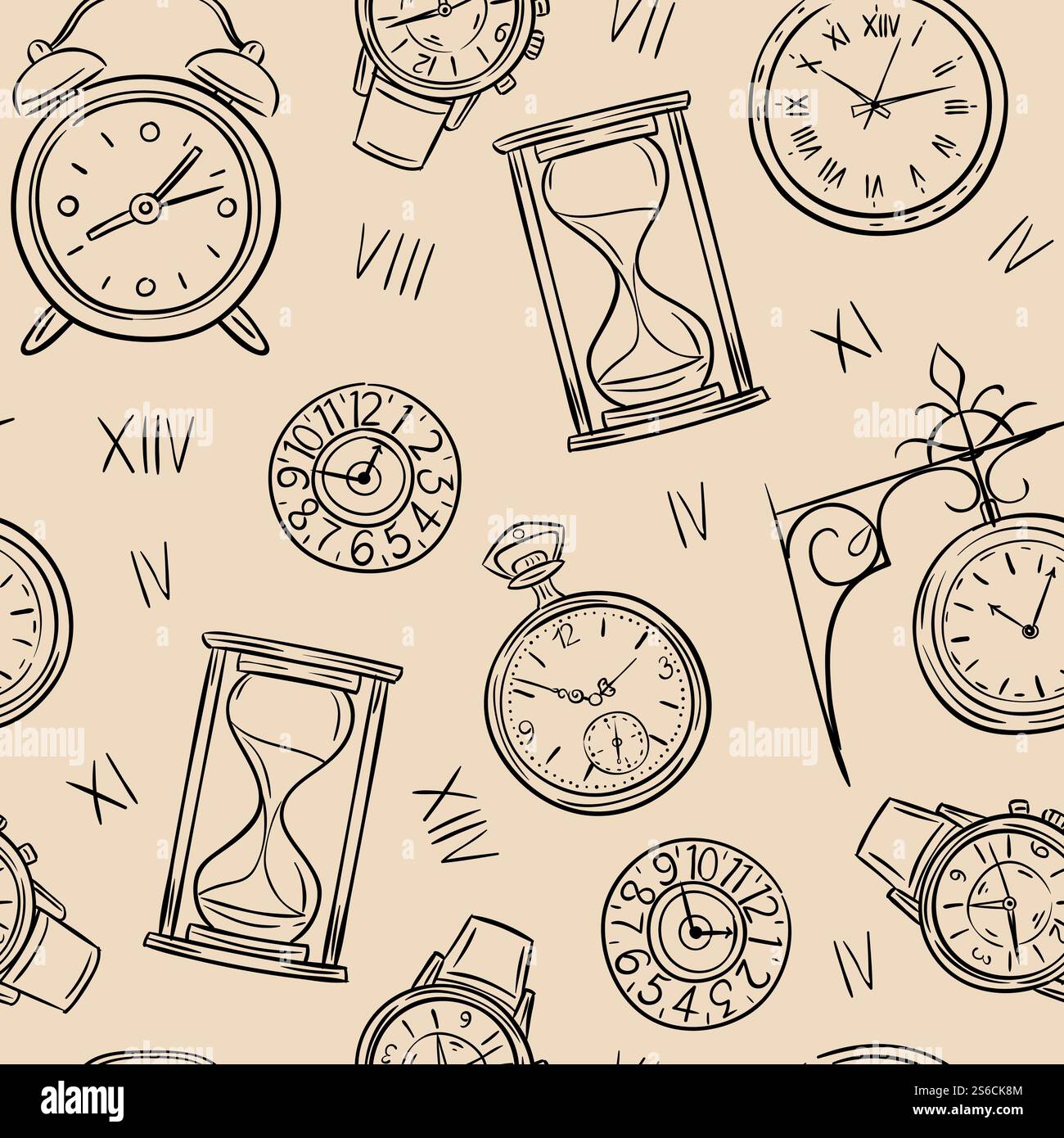 Clock seamless pattern. Sketch time, sketch hourglass and mechanic ...