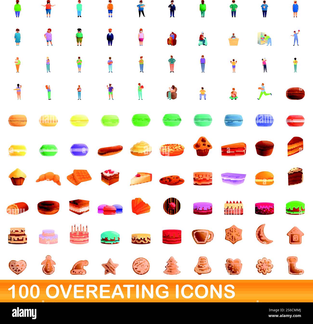 100 overeating icons set. Cartoon illustration of 100 overeating icons ...