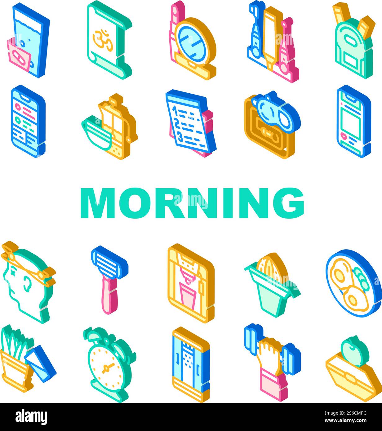 Morning Routine Daily Collection Icons Set Vector. Morning Yoga And ...