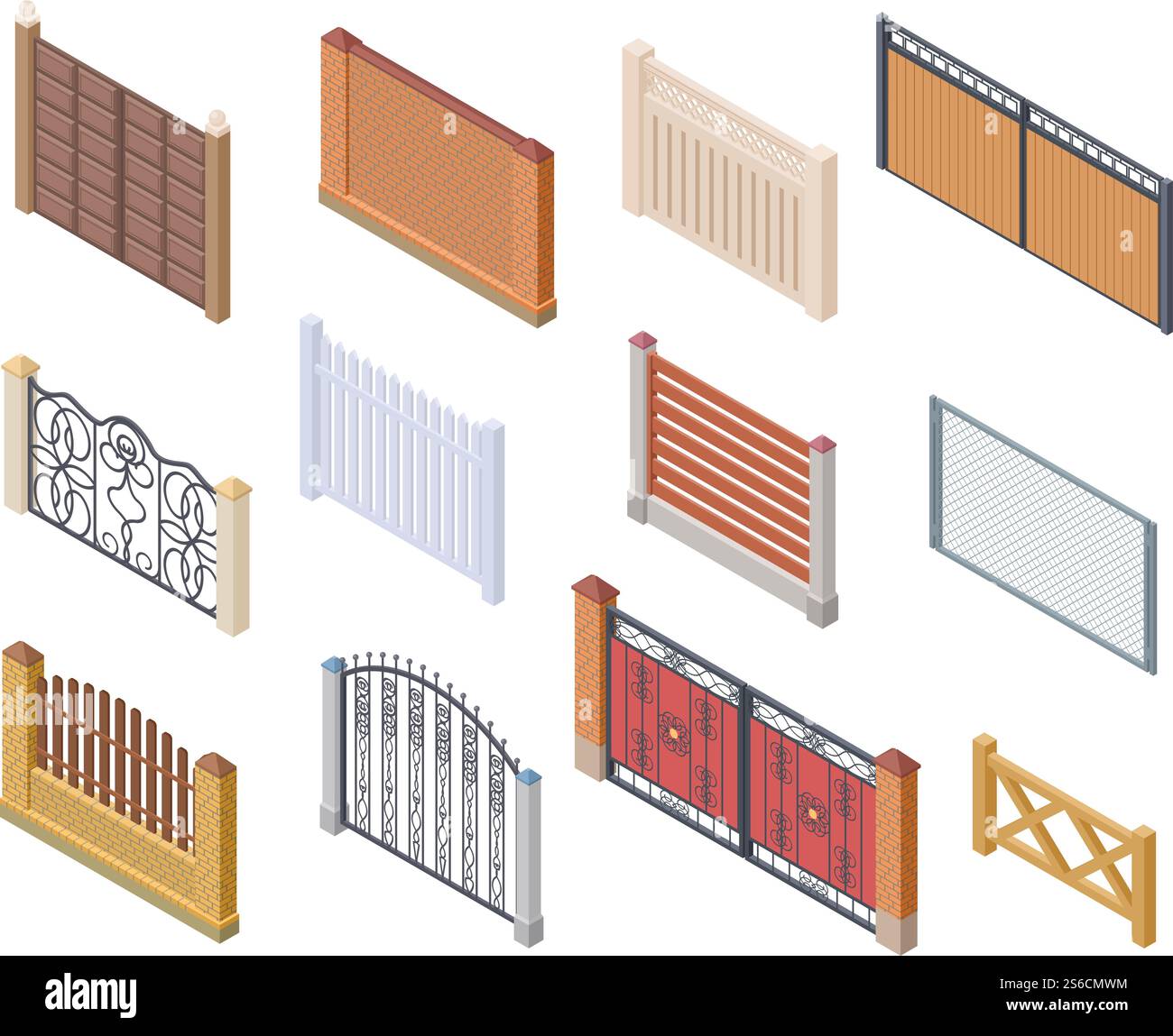 Isometric fence. Gates and farm garden wired security fences metal ...