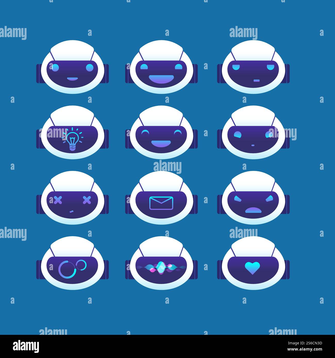 Chatbot avatar. Chat bot head with different emotions and symbols on ...