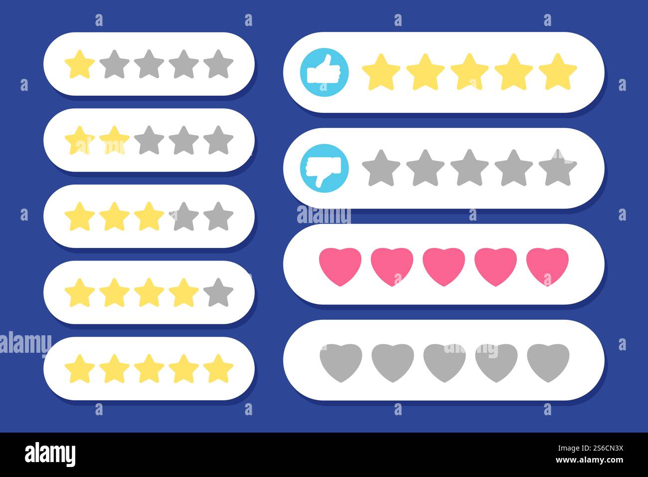 Rating rows. Stars hearts like and dislike vector icons. Illustration ...