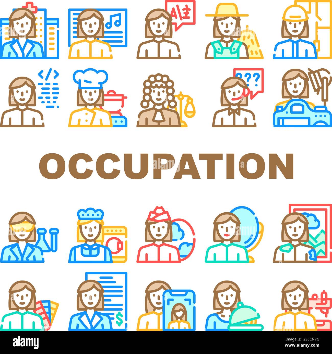 Female Occupation Collection Icons Set Vector. Doctor And Musician ...