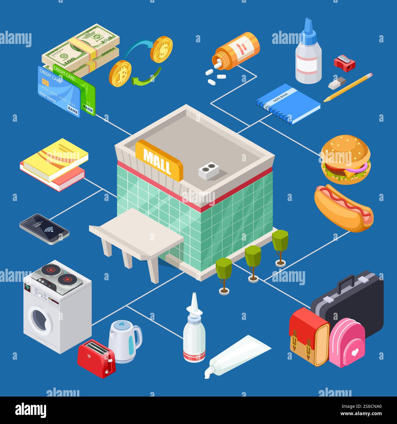 Isometric 3d multifunctional shopping mall vector design. Illustration ...