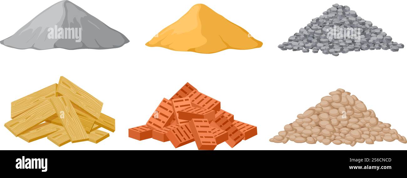 Construction material piles. Gypsum and sand, crushed and stones, red ...