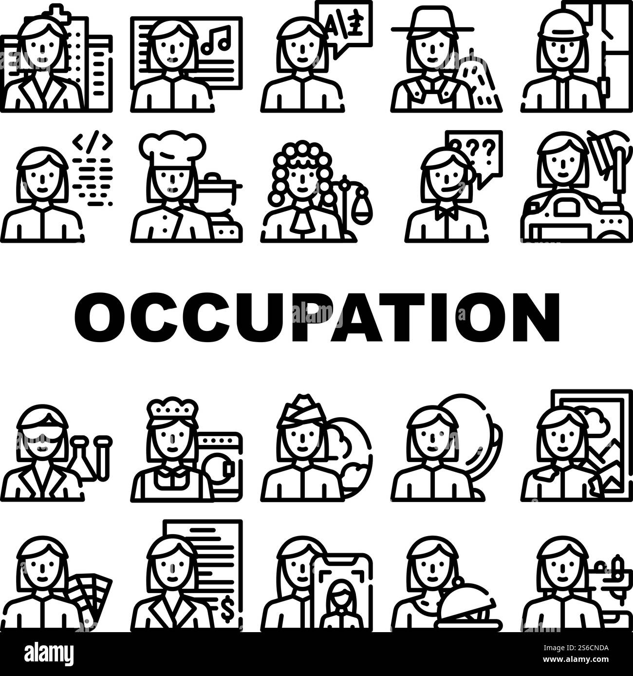 Female Occupation Collection Icons Set Vector. Doctor And Musician ...