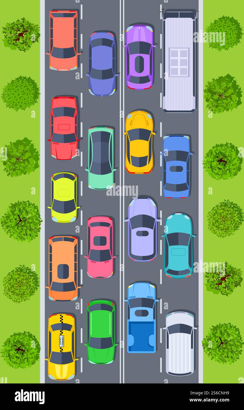 Traffic jam. Top view trucks and cars on highway road stuck in traffic ...