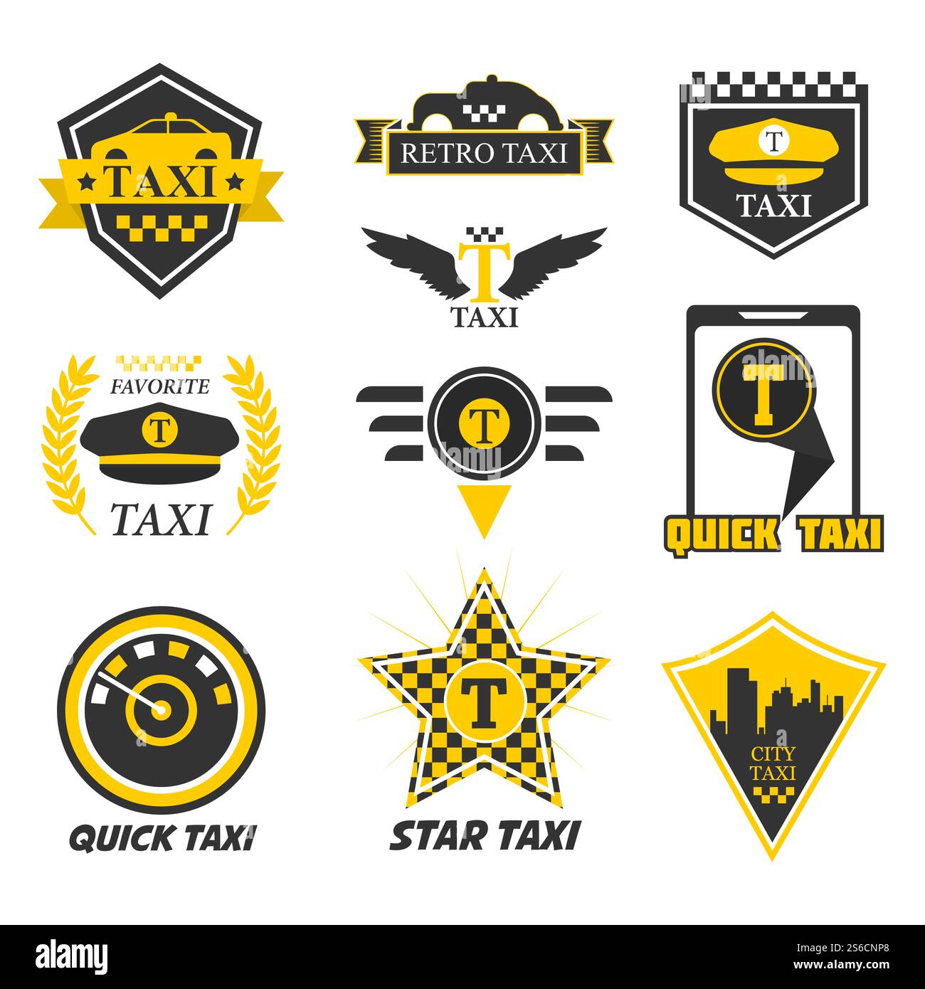 Taxi isolated icons, drivers cap and yellow cab, chess marking vector ...