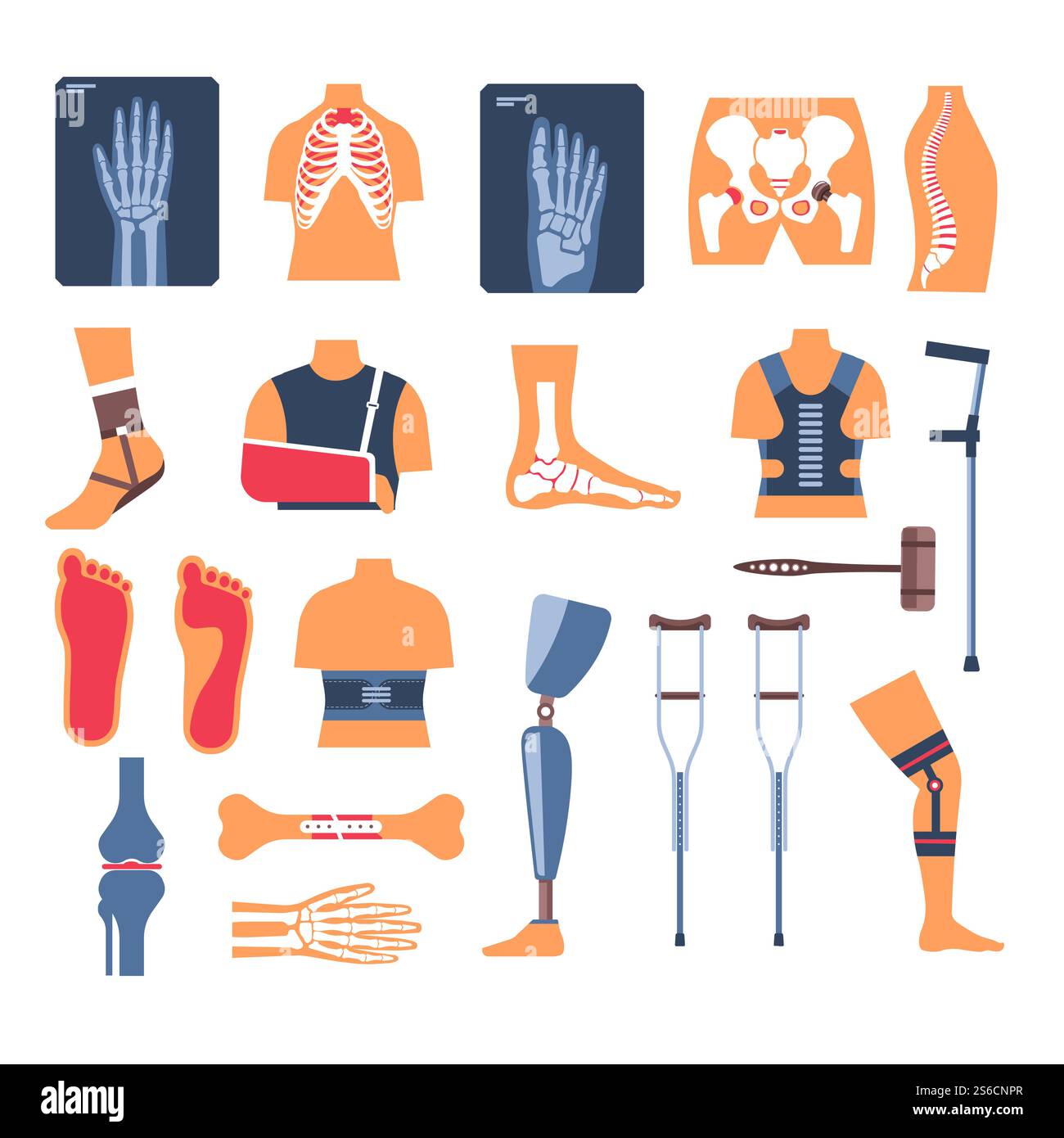 Bone fracture or injury, crutches and x-ray, rehabilitation tools after ...