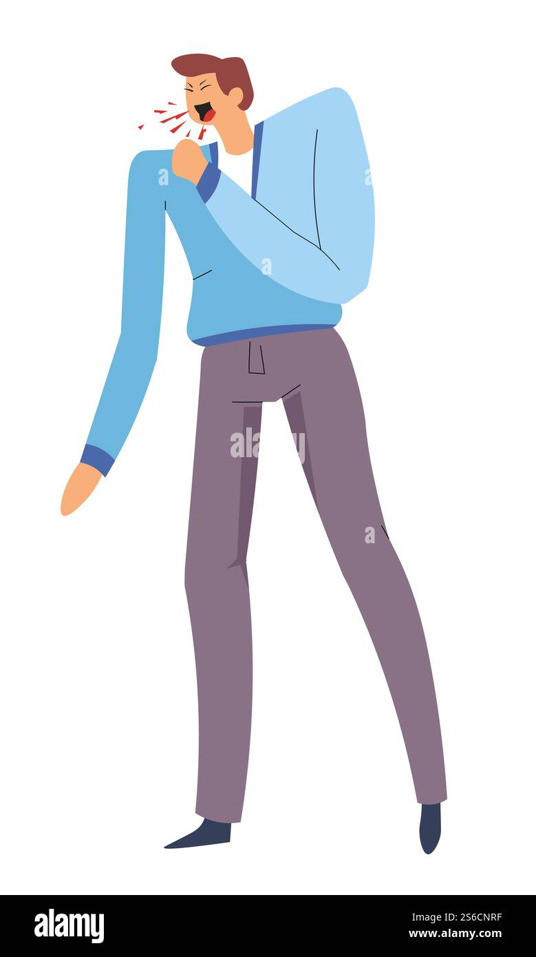 Cough, man with sore throat coughing, sick guy, isolated male character ...