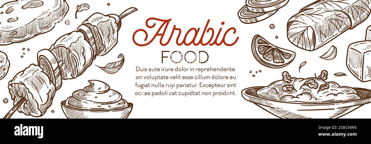 Arabic food, cuisine banner. Shish kebab skewered, grilled meat and ...