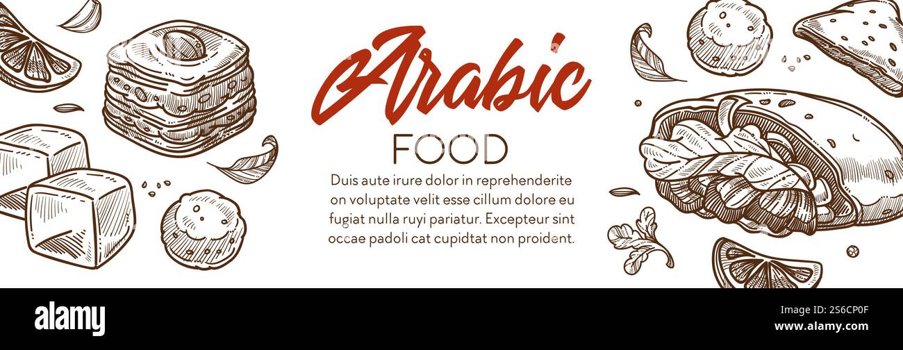 Arabic food, cuisine banner. Honey soaked baklava pastry with almond ...