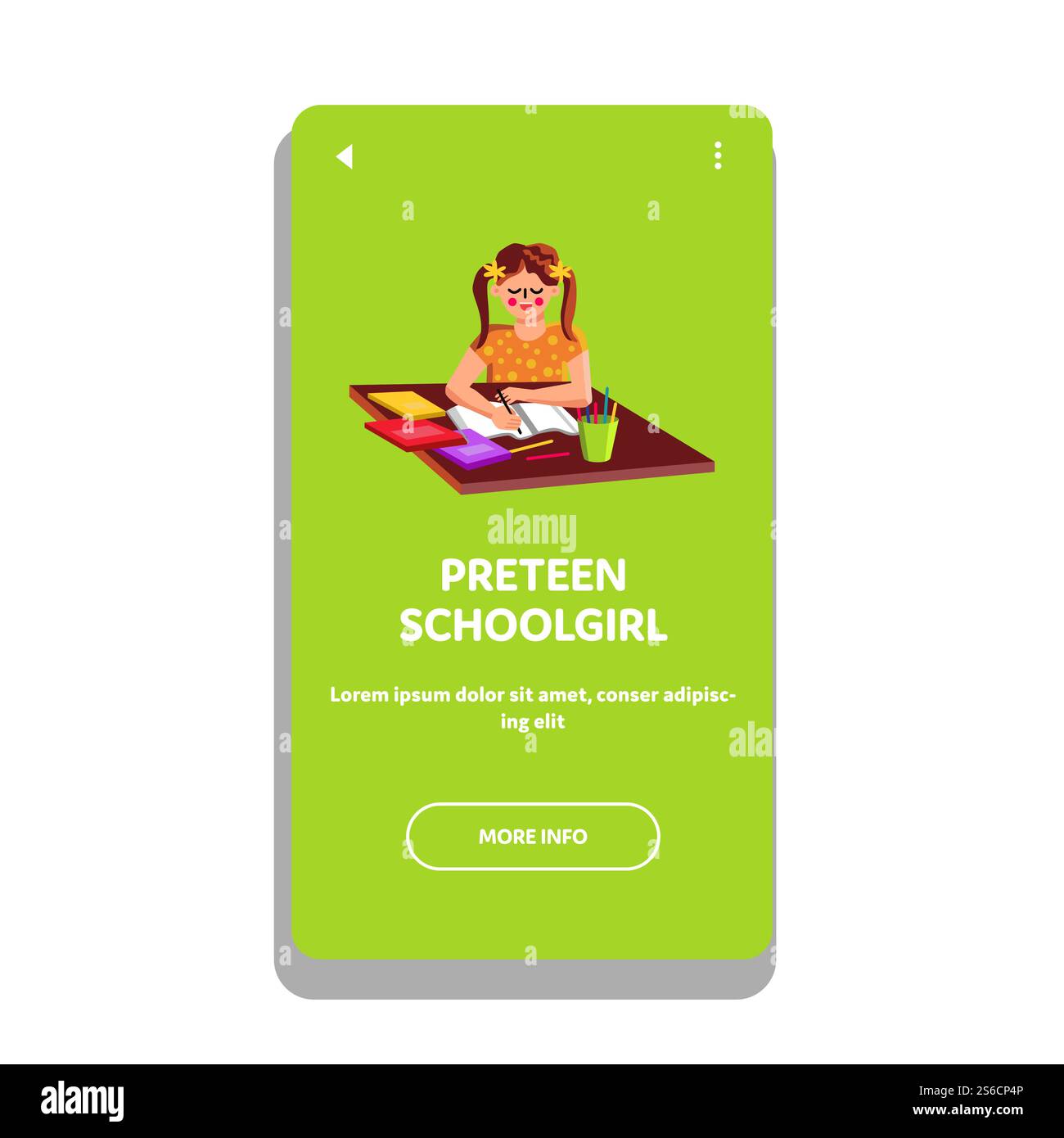 Preteen Schoolgirl Writing In Copybook Vector. Smiling Happy Schoolgirl ...