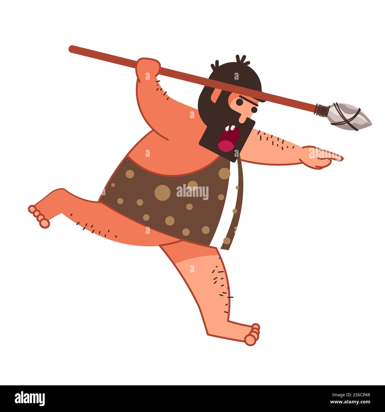 Primitive man with spear or caveman, hunter in animal skin isolated ...