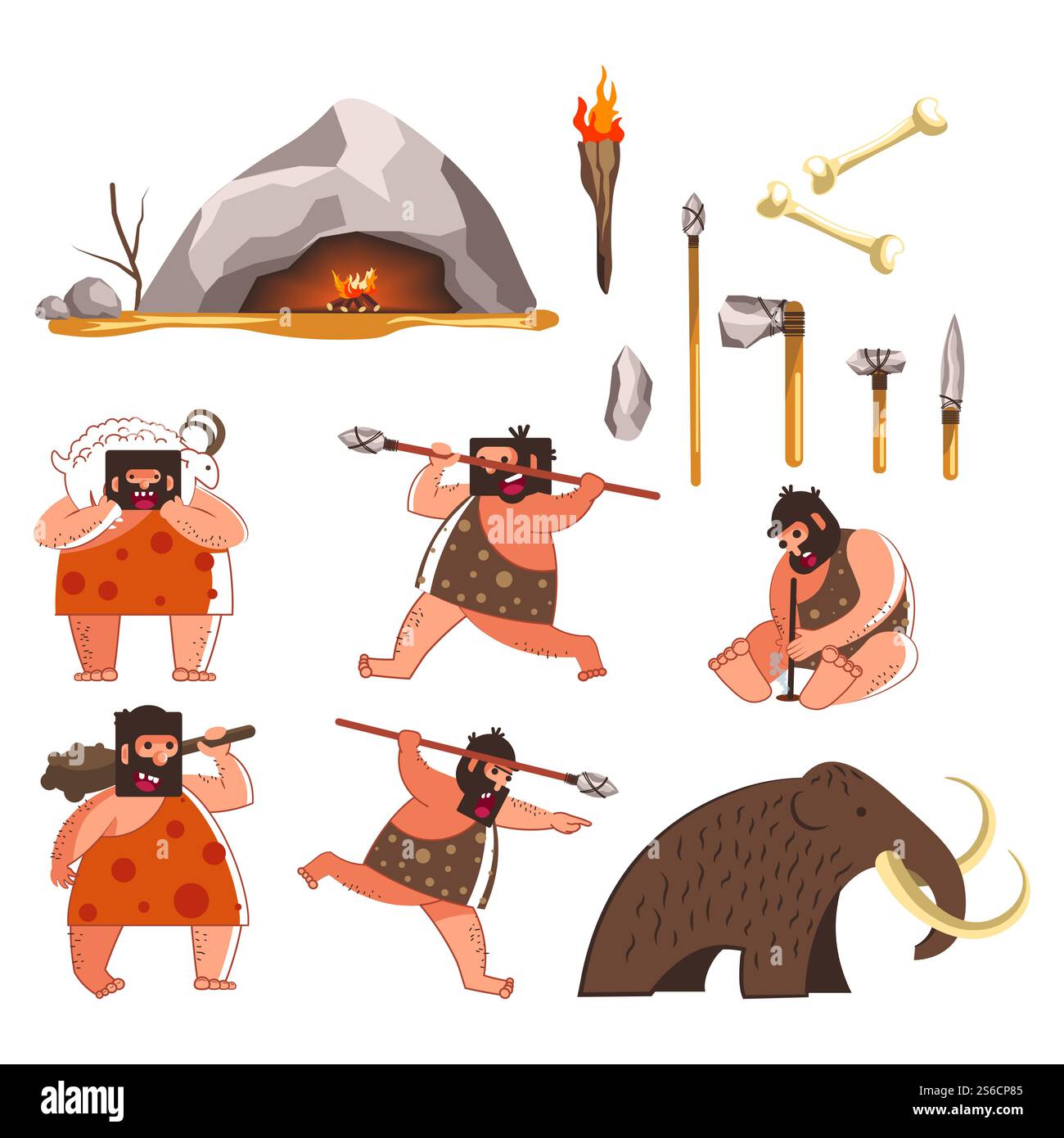 Caveman and stone age isolated icons, mammoth and prehistoric weapon ...