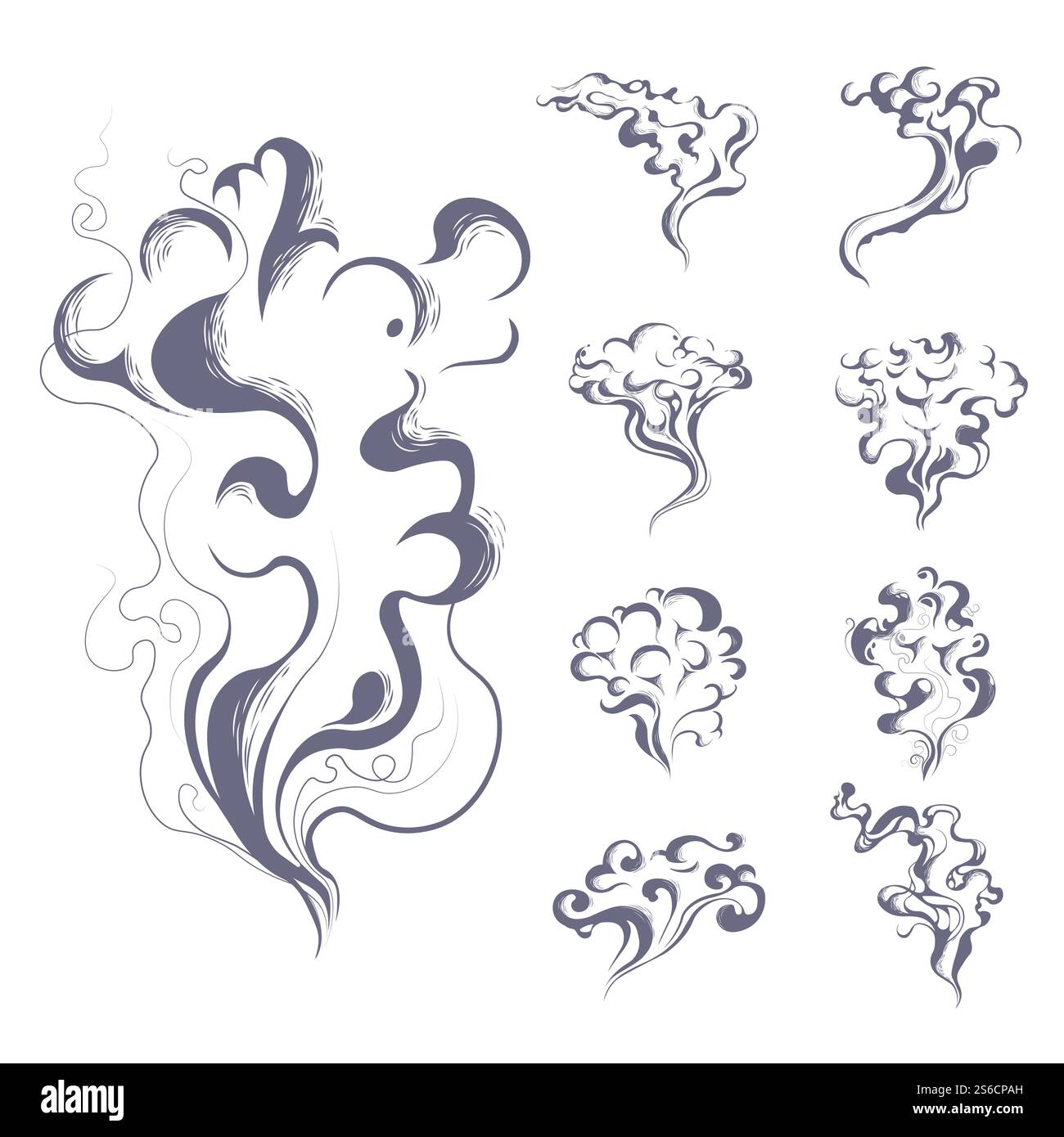 Vapor or steam and smoke clouds isolated abstract icons vector. Swirly ...