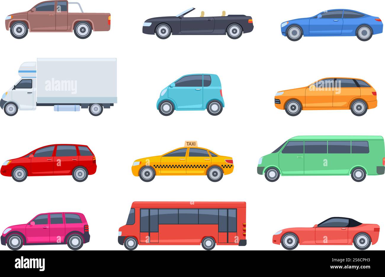 Flat cars set. Taxi and minivan, cabriolet and pickup. Bus and suv ...