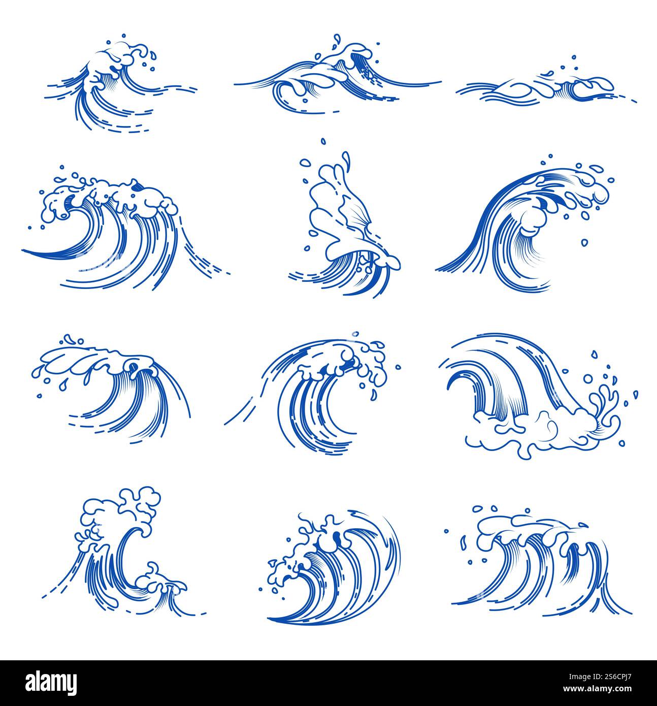 Sea wave or ocean storm isolated icons vector. Beach tide or splash ...