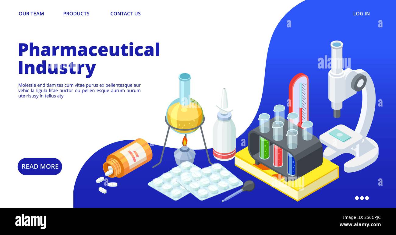 Pharmaceutical industry landing page. Isometric drugs development ...