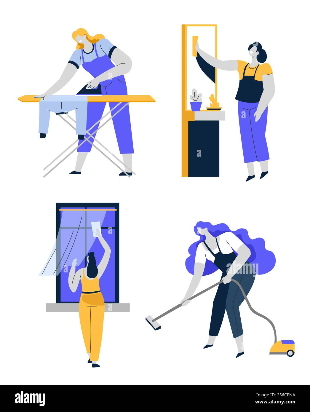 Cleaning house, housework and housekeeping, housewife or maid isolated ...