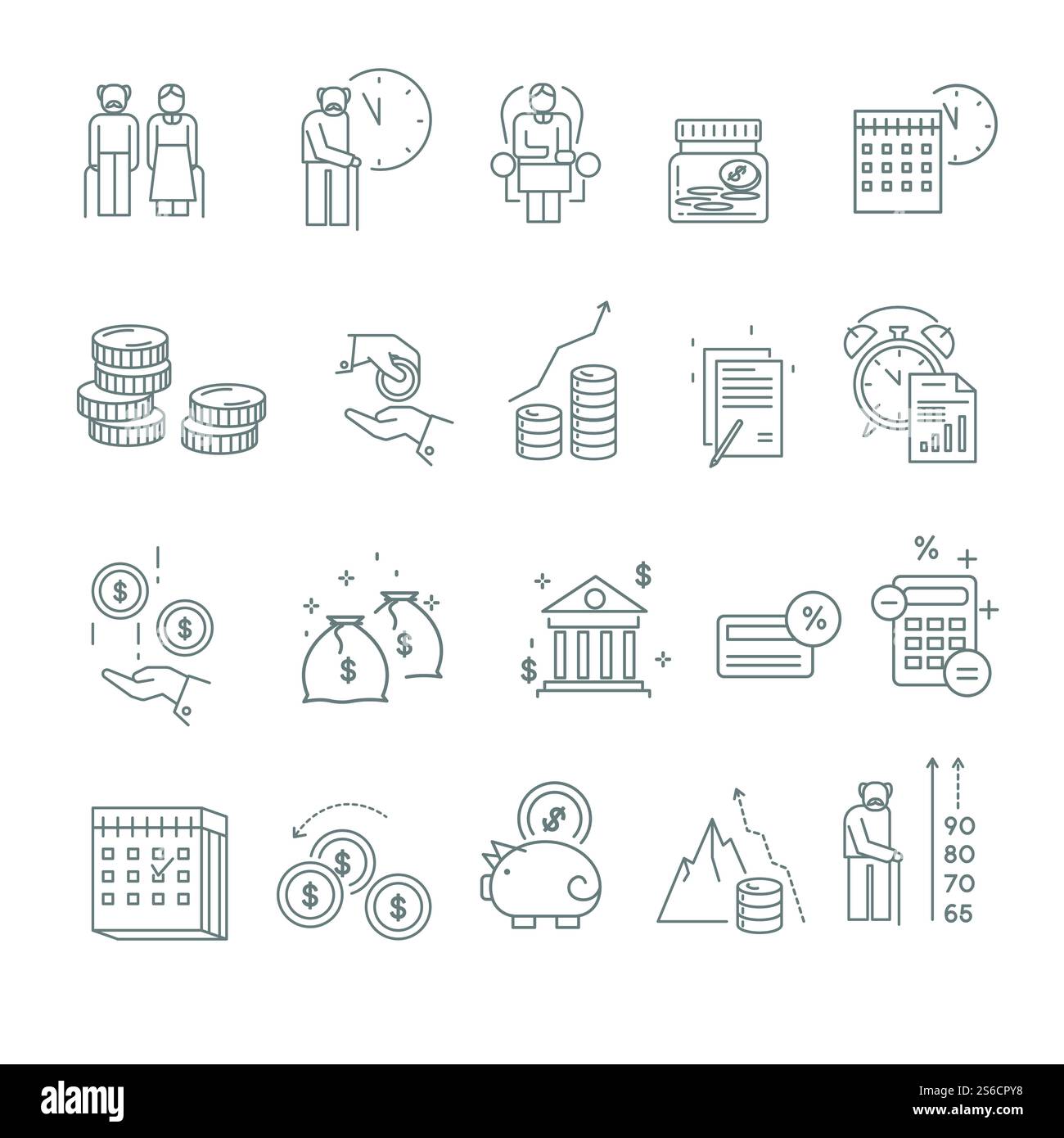 Retirement isolated linear icons, pension payment, money deposit vector ...