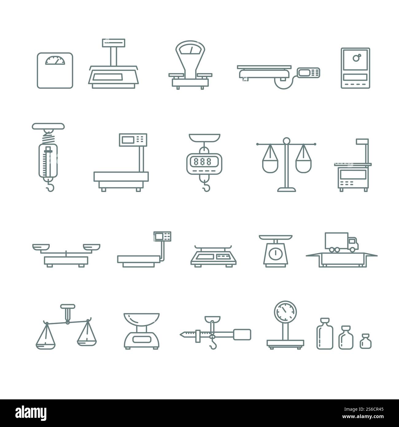 Weight measurement, scales balance, measuring tools isolated outline ...