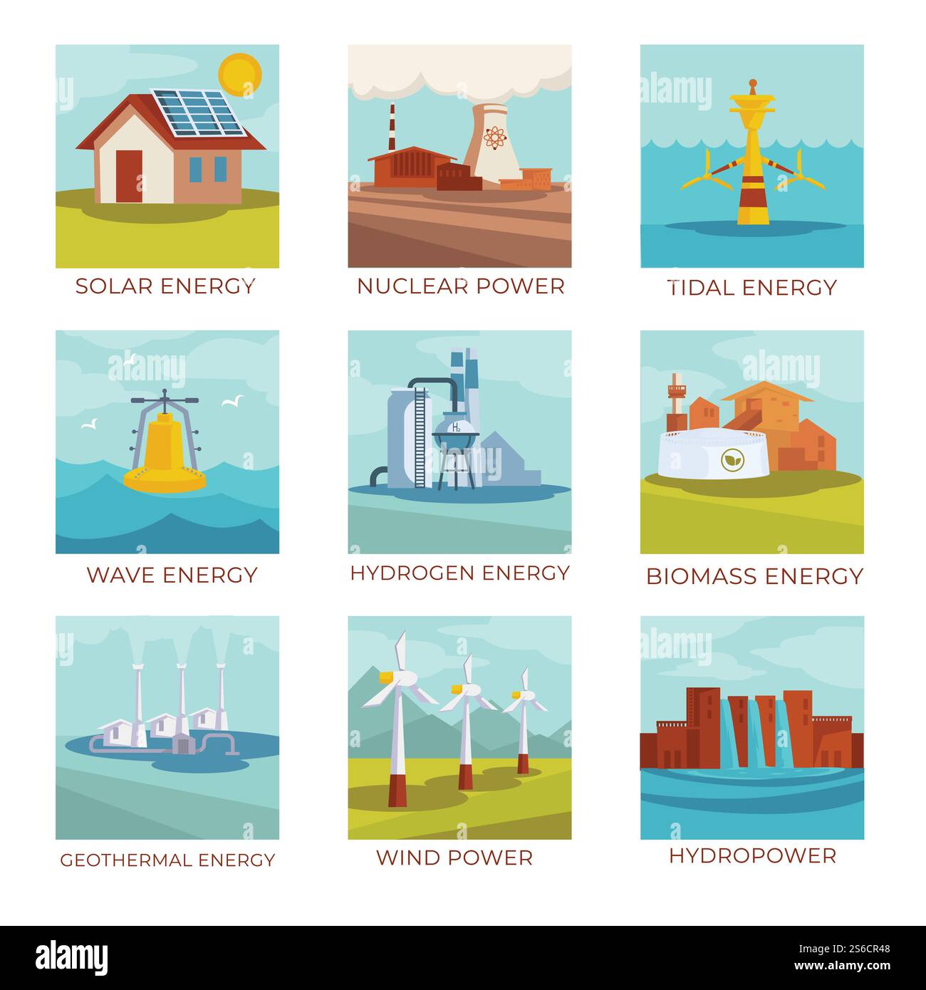Power plants and natural energy sources, isolated icons vector. Solar ...