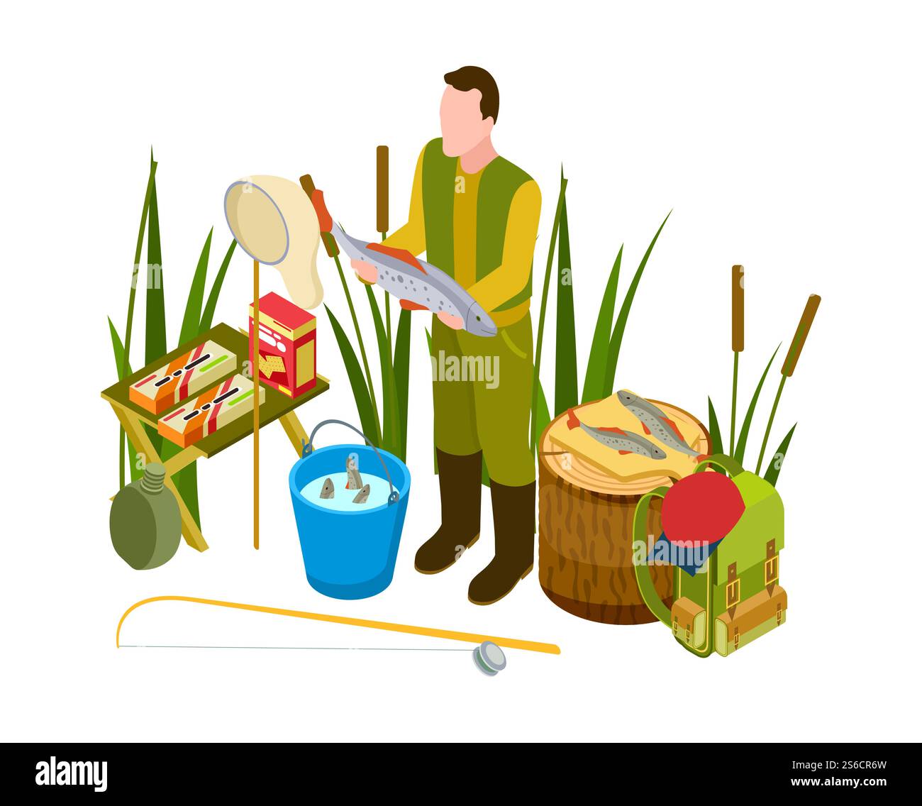 Successful fisherman concept. Vector isometric fishing tools, big fish ...