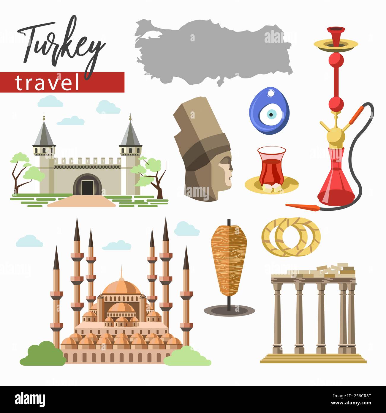 Travel to Turkey, landmarks and cuisine, isolated cultural objects ...