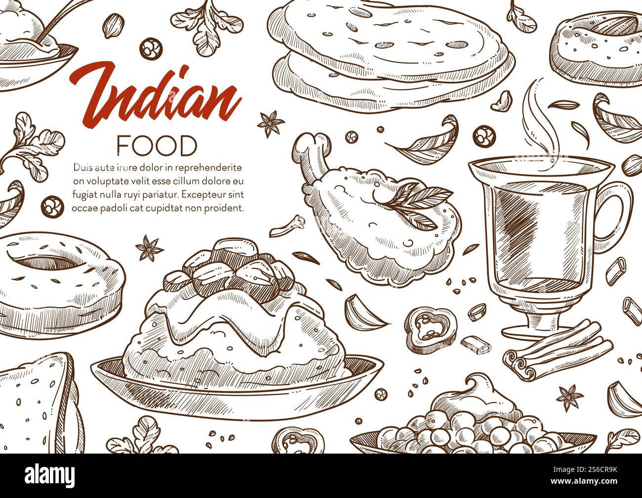 Indian food, India cuisine restaurant menu sketch poster vector ...