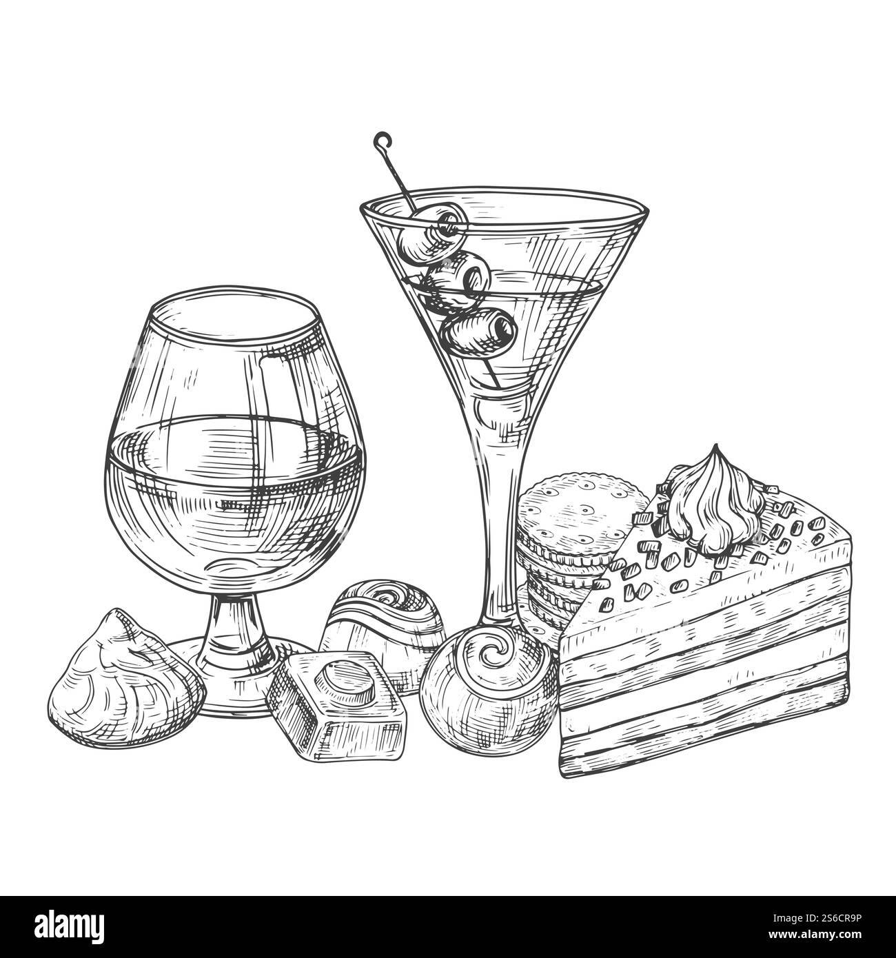Hand sketched alcohol drinks, chocolate and cakes vector illustration ...