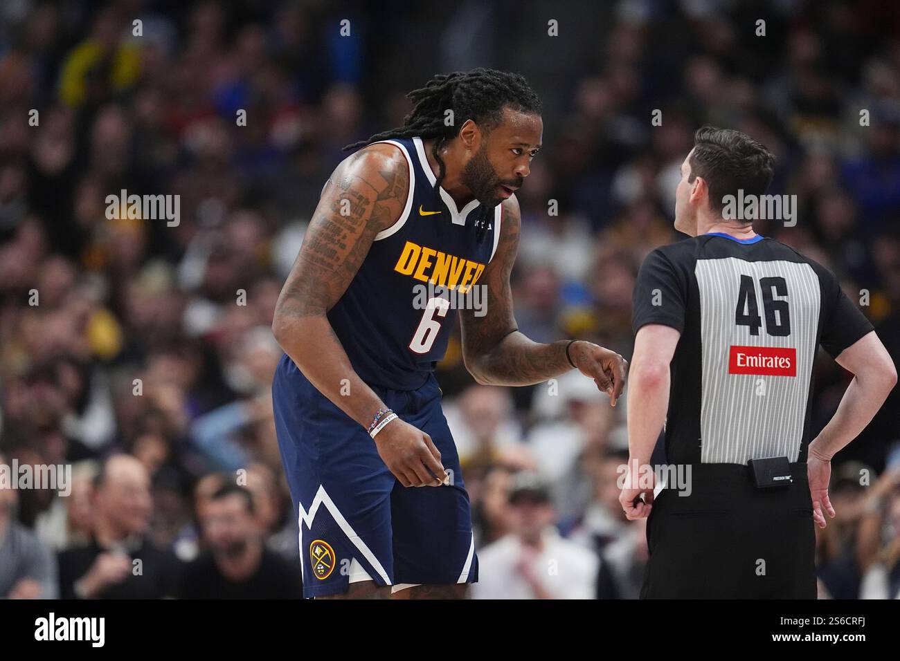 Denver Nuggets center DeAndre Jordan (6) argues with referee Ben Taylor ...