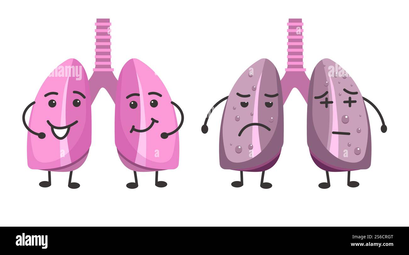 Lungs with face, happy and sad, respiratory system internal organ ...