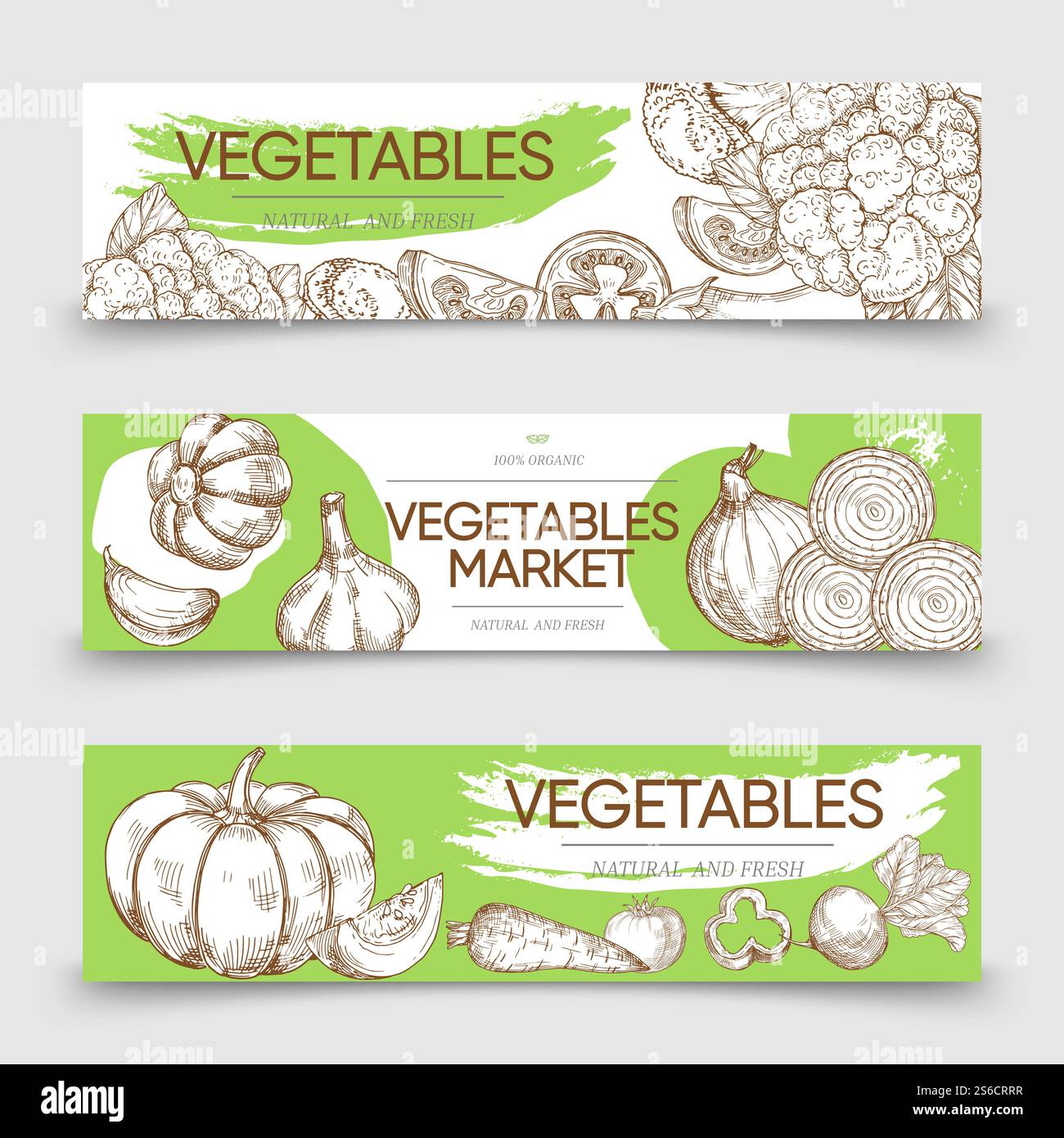 Vegetable markets horizontal banners template with vector sketch ...
