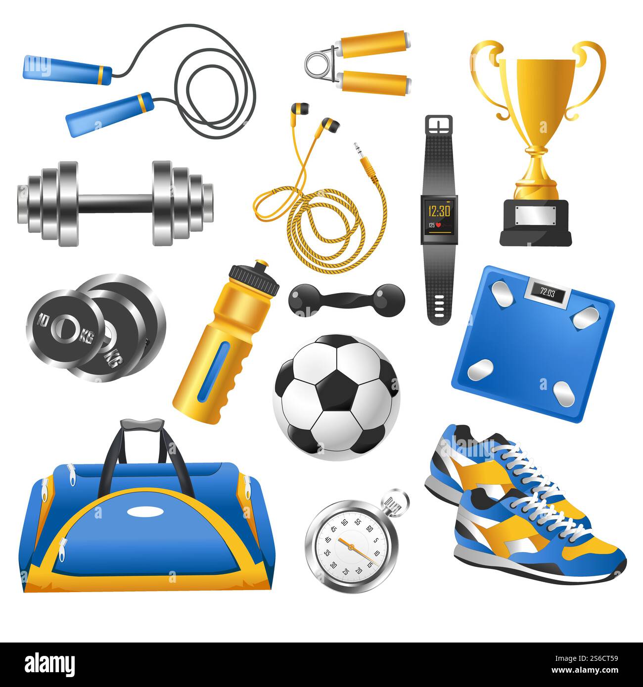 Sport items, gym and jogging, isolated icons vector. Jumping rope and ...
