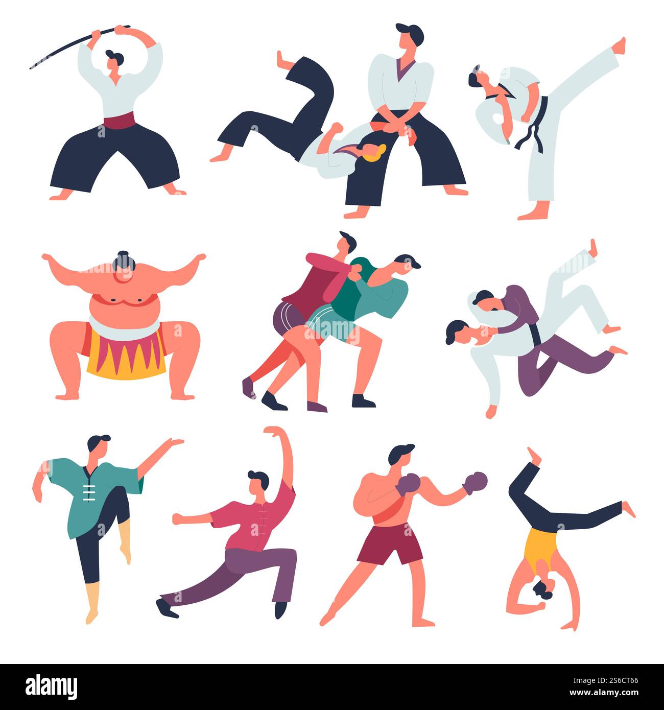 Oriental fight art isolated characters, fighting sportsmen vector ...