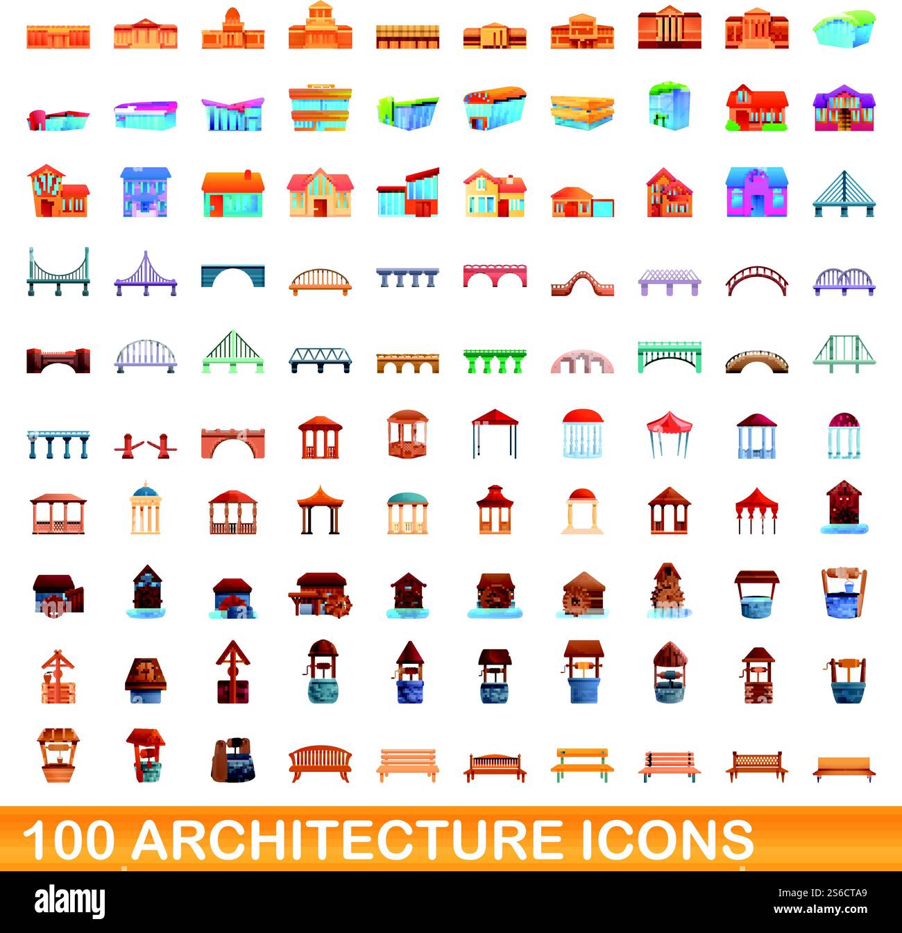 100 architecture icons set. Cartoon illustration of 100 architecture ...