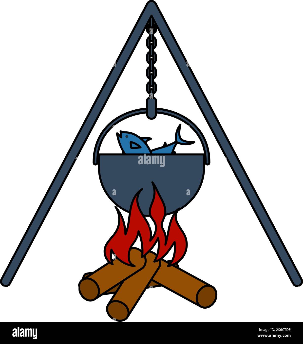 Icon Of Fire And Fishing Pot. Editable Outline With Color Fill Design ...