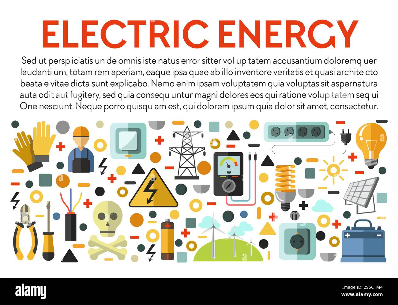 Electric energy banner with icons collection and text. Electrical works ...